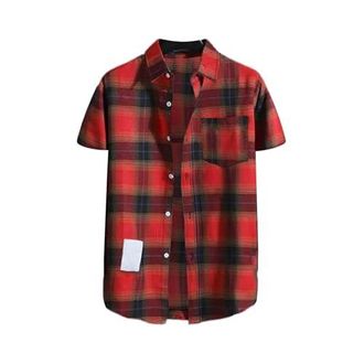 Generic Chemise &agrave; manches courtes pour homme, chemise boutonn&eacute;e &agrave; carreaux color&eacute;s, tendance et polyvalente, haut &agrave; revers &agrave; bouton-pression, haut d&eacute;t&eacute; l&eacute;ger,