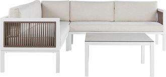 Beliani Lounge Set Wei&szlig; und Braun Aluminium Flechtseil mit Kissen Beige Couchtisch Sicherheitsglas 4-Sitzer Ecksofa Linksseitig Terrasse Outdoor Modern