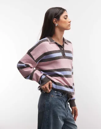Daisy Street Strick-Polo-Pullover mit blau-rosa Streifen-Multi