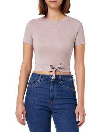 Koton Women Tie Belt Short Sleeve Glitter Crop T-Shirt