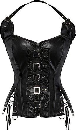 Grebrafan Corset Bustier Cuir Steampunk avec Chaine (EUR(40-42) 2XL, Noir)