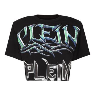 Philipp Plein Femme, Tops, Noir, Taille: 44 FR Top court &agrave; &eacute;paulettes avec inscription