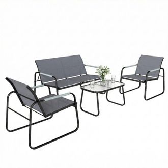 OUTSUNNY Salon de jardin - ensemble de terrasse - Outsunny - 4 pi&egrave;ces accoudoirs corde tress&eacute;e - acier et textil&egrave;ne - 111x71x75cm - gris