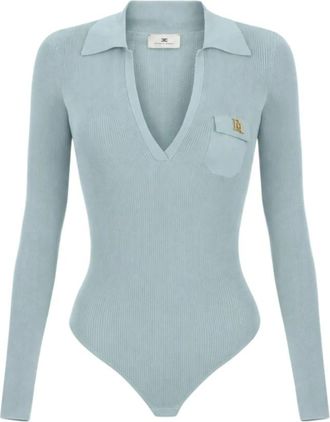 Elisabetta Franchi Body en maille avec col polo et logo raffin&eacute; - Femme - Tops - Bleu - Taille: 42 FR