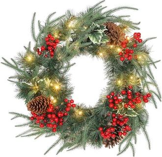 HOMCOM Couronne de Noël Lumineuse 60 cm avec 35 LED Blanc Chaud, minuterie, Couronne de Noël de Porte dentrée, 170 Pointes, Pommes de pin, Baies, Feuilles de