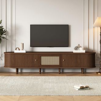 Generic TV Lowboard 180 cm oval walnuss dunkel Rattan Schiebet&uuml;ren goldene Griffe 8 Massivholzbeine h&ouml;henverstellbar TV Schrank Board Sideboard Media Konsole 