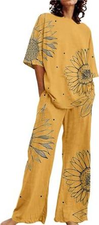 Generic Ensemble de pyjama pour femme avec t-shirt &agrave; manches courtes et pantalon long - Ensemble de pyjama pour femme avec poches - Pantalon de plage - Ensemb