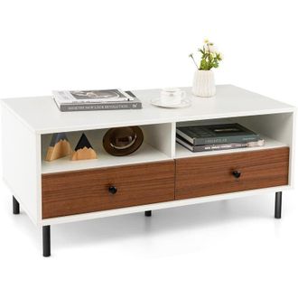 Costway Table Basse 2 Tiroirs, Table Basse Salon avec 2 Compartiments, Table Rectangulaire Moderne, 4 Pieds en M&eacute;tal Robustes, 95 x 48 x 45 cm