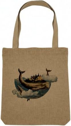 Fabulous Sac Shopping Tote Bag Aspect Lin - Chateau baleine Ciel Collage Art Surr&eacute;alisme - Sac de Courses Toile Epaisse 360g Beige Naturel Cabas Port&eacute; Epaule S