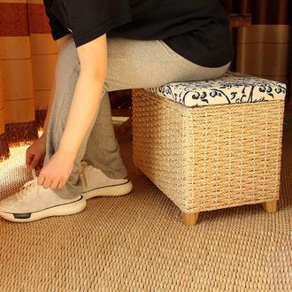 Generic Rustikale Stroh-Aufbewahrungsbank - Schuhbank Aus Massivholz Mit Gepolsterter Sitzfl&auml;che, Handgewebter Katzenschwanz-Ottomane for Schlafzimmer, Eingan