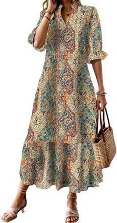 Onsoyours Robe Décontractée Femmes Élégant Fleurs Imprimé Col en V Soirée Maxi Robes De Plage Grande Taille Longue Tunique Dress Chemise Légère Et Respirante À 