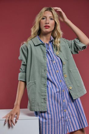 Armor Lux Damen Robe Chemise Ray&eacute;e &Agrave; Manches Courtes en Coton et Lin H&eacute;ritage Femme Kleid, Seal-Streifen/Ecru/Rot, Medium