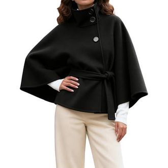 Generic Poncho dhiver surdimensionné à manches chauve-souris pour femme, col montant, cape courte avec ceinture, Noir, XXL