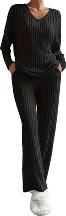 Generic Tenues dautomne pour femmes 2026 - Chandail assorti pour les vacances 2026 - Ensemble de pyjama côtelé à col en V à manches longues et pantalon assort