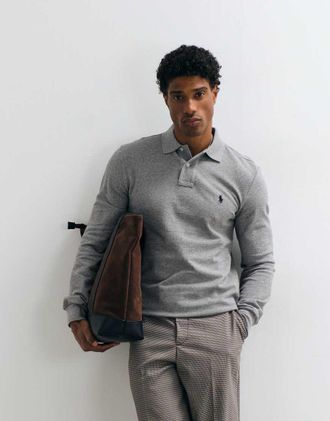 Polo Ralph Lauren Icon-Logo Slim Fit Langarm-Piqu&eacute;-Polo in Grau