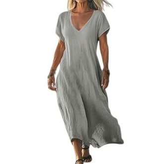Generic Robe de plage d&eacute;t&eacute; en coton &agrave; manches courtes et col en V pour femme - Robe longue confortable et fluide, gris, 3XL