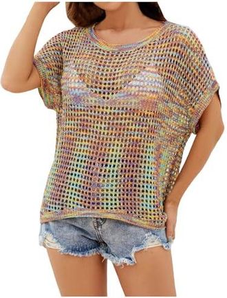 Generic Pull d&eacute;t&eacute; pour femme avec col en U, manches courtes, d&eacute;contract&eacute;, haut tricot&eacute; au crochet, pull de plage, Dirndl 42, longueur genou, multicolore, S