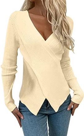 Generic Pull &agrave; manches longues et col en V pour femme - Couleur unie, beige, XL