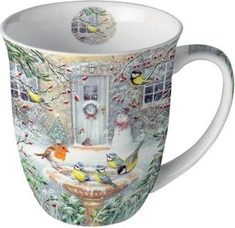 Ambiente Tasse de Noël oiseaux sur bain doiseaux en hiver en porcelaine. Tasse à motif pour la table dressée et comme cadeau, 0,4 l x H 10,5 cm