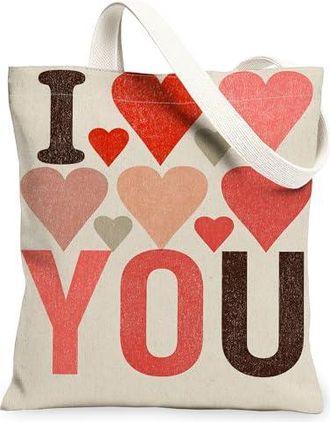 Generic Sacs fourre-tout en toile motif coeur de Saint-Valentin, sacs d&eacute;picerie r&eacute;utilisables, romantiques, vintage, l&eacute;gers et lavables en toile pour Tr, beig