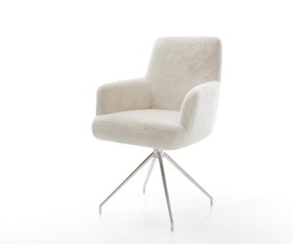 DELIFE Esszimmerstuhl Heira-Flex mit Armlehnen Pl&uuml;sch Creme-Wei&szlig; Kreuzgestell konisch Edelstahl Taschenfederkern, Esszimmerst&uuml;hle