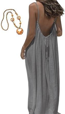 Generic Robe longue dos nu &agrave; bretelles spaghetti 2026 sans manches - Robe longue ouverte dans le dos - Robe d&eacute;t&eacute; pour le salon, la maison, les vacances, la pl