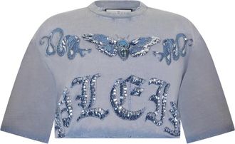 Philipp Plein Femme, Tops, Bleu, Taille: 38 FR T-Shirt Court Tatouage Papillon