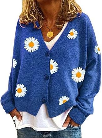 ORANDESIGNE A Bleu Femme Cardigan Manches Longues Mode Veste Courte Lâché Gilets en Tricot Imprimé Marguerites Chandail Chaud Imprimé damour Étoile Bouton Ouvert 