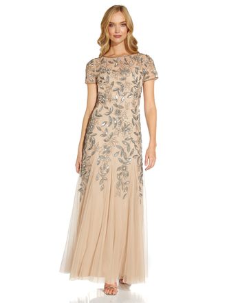Adrianna Papell Damen Kleid Floral Beaded Godet, Maxi, Gr. 36 (Herstellergröße:Size 10), Beige (Taupe/Pink)