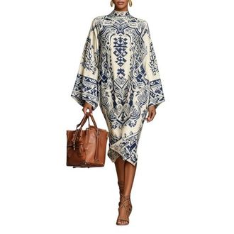 Generic Robe bohème pour femme - Imprimé élégant - Col rond - Manches longues - Robe mi-longue décontractée rétro - Robe dinvitée de mariage, blanc, XXL