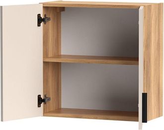 PEGANE Meuble haut &agrave; 2 portes Armoire auxiliaire avec poign&eacute;es noires coloris Beige/ch&ecirc;ne Mauvella - Longueur 60 x Hauteur 60 x Profondeur 28,6 cm