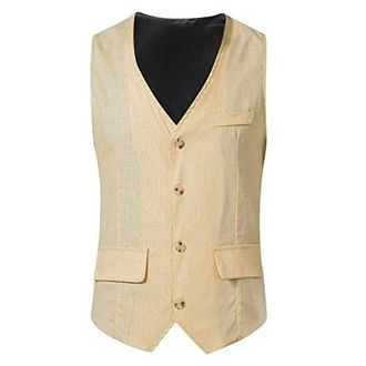 Generic Gilet en lin pour homme avec bouton unique, col en V, l&eacute;ger et d&eacute;contract&eacute;, gilet polyvalent et confortable, gilet classique uni avec poches, kaki, XX