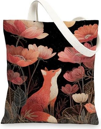 Generic Sacs fourre-tout en toile motif renard et fleur, sacs à provisions réutilisables, style bohème, vintage, léger, lavable, S, Noir/blanc, 13x15 Inch