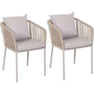 Hhg 2er-Set Gartenstuhl HHG-616, Outdoor Armlehne, wetterfest Aluminium Seilgeflecht Rope grau Kissen grau