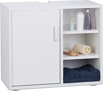 Relaxdays Waschbeckenunterschrank, eintürig, Badschrank, Aussparung, 3 Ablagen, WC Unterstellschrank 51x60x32 cm, weiß