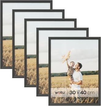 Woltu Lot de 5 Cadre Photo 30x40cm Cadre en Bois Massif avec Passe Partout, Suspendre Horizontalement ou Verticalement, D&eacute;coration Murale ou sur Table, Noir