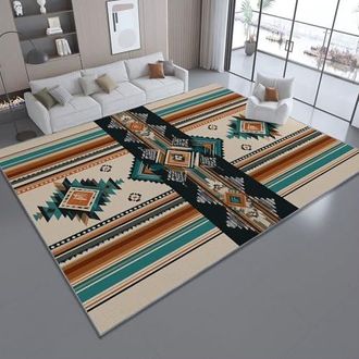 Generic Tapis Rond Salon 120 x 170 cm, Lavable Antid&eacute;rapant Tapis, Boh&egrave;me Traditionnel Tribal G&eacute;om&eacute;trique Rayures Imprim&eacute; Carpette pour la Chambre la Salle &agrave; 