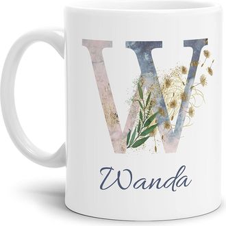 Tassendruck Tasse mit Buchstabe W und Blumen - mit Name personalisiert - Initiale, Namens-Tasse, Buchstaben Tasse, Geschenk I Keramik Weiß matt, 300 ml