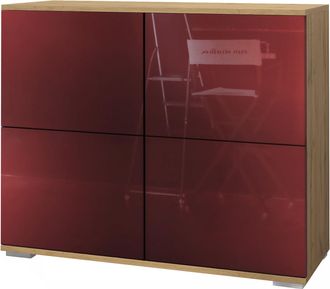Vladon Kommode Rova V3, Moderner K&uuml;chenschrank mit 4 Push-to-Open T&uuml;ren Eiche Evoke/Bordeaux Hochglanz (92,5 x 75.5 x 35)