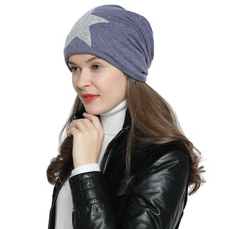 DonDon Mütze Damen Wintermütze Slouch Beanie gefüttert mit silbernen Stern Pailletten blau
