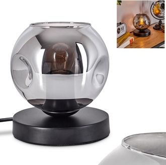HOFSTEIN Tischleuchte Ripoll, Tischlampe aus Metall/Glas in Schwarz/Rauchfarben, Leuchte im modernen Retro/Vintage-Design mit Schirm aus Glas (Ø 15 cm) u. An/-