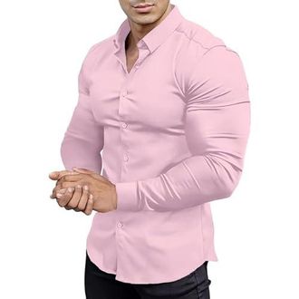 Generic Chemises musculaires pour homme - Grande taille - Chemise &agrave; manches longues boutonn&eacute;e - Col standard - T-shirt de gym formel uni urbain &eacute;l&eacute;gant - T-sh
