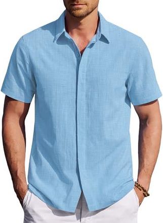Coofandy Chemise Homme Manches Courtes Coton &Eacute;t&eacute; Chemise Casual Homme Plage Vacances Confort Respirante avec Boutons Cach&eacute;s Bleu Clair 3XL