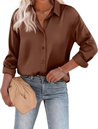 Beyove Seidenbluse Damen Bluse Satin Seide V-Ausschnitt Hemden Elegant Langarm Business Oberteile mit Kn&ouml;pfen Tops Lose Langarmshirt Braun XL