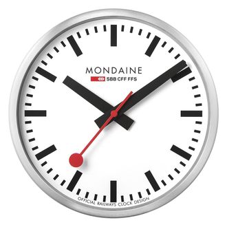Mondaine Wanduhr A990.Clock.16SBB 25cm - Bahnhofsuhr in Silber aus geb&uuml;rstetem Aluminium mit rotem Sekundenzeiger staubbest&auml;ndig - Hergestellt in der Schweiz
