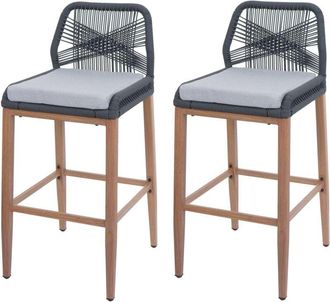 Hhg Neuwertig] 2er-Set Rope-Barhocker HHG 982, Outdoor Sitzpolster Seilgeflecht Metall Holz-Optik anthrazit, Kissen hellgrau