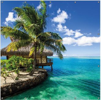 Wallario XXL Outdoor-Poster für Garten oder Balkon Karibisches Meer Einsame Hütte unter Palmen, Motivbanner Größe: ca. 180 x 180cm, 2-teilig, Outdoor-Bild