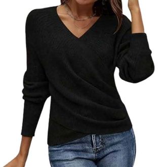 Generic Pull &eacute;l&eacute;gant en tricot pour femme - Style d&eacute;contract&eacute; - Col en V - Crois&eacute; - Id&eacute;al pour lautomne., Noir, XL