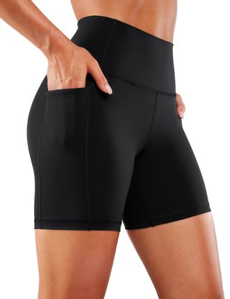CRZ YOGA Naked Feeling Damen Radlerhose mit Taschen Hohe Taille Yoga Shorts Kurze Sporthose Sport Leggings Sportshorts - 15cm Schwarz 44
