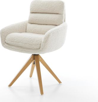 DELIFE Drehstuhl Abelia-Flex mit Armlehnen Teddystoff Beige Holzgestell kantig Natur 180&deg; drehbar, Esszimmerst&uuml;hle